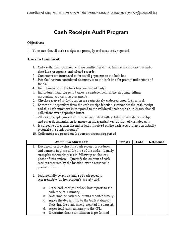 Cash Receipts Audit Program | Receipt | Deposit Account