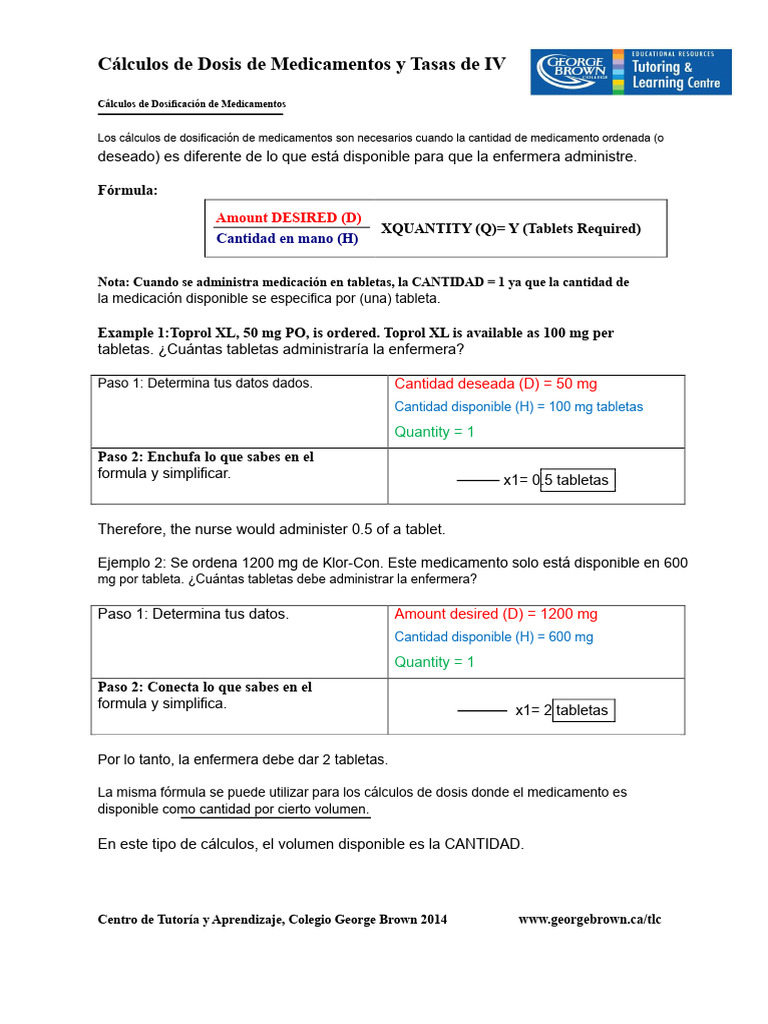 Cálculos de Dosis de Medicamentos y Tasas de IV PDF | PDF ...