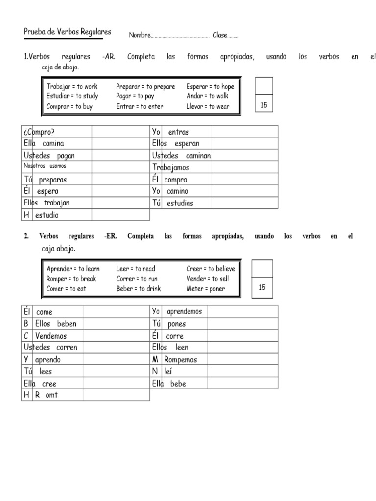 Prueba de Verbos Regulares en Español Tiempo Presente | PDF | Verbo ...