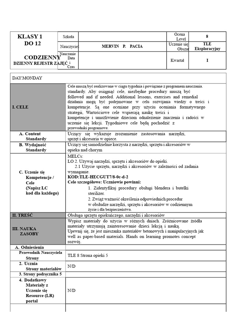 Codzienny Dziennik Lekcji G8 TLE | PDF