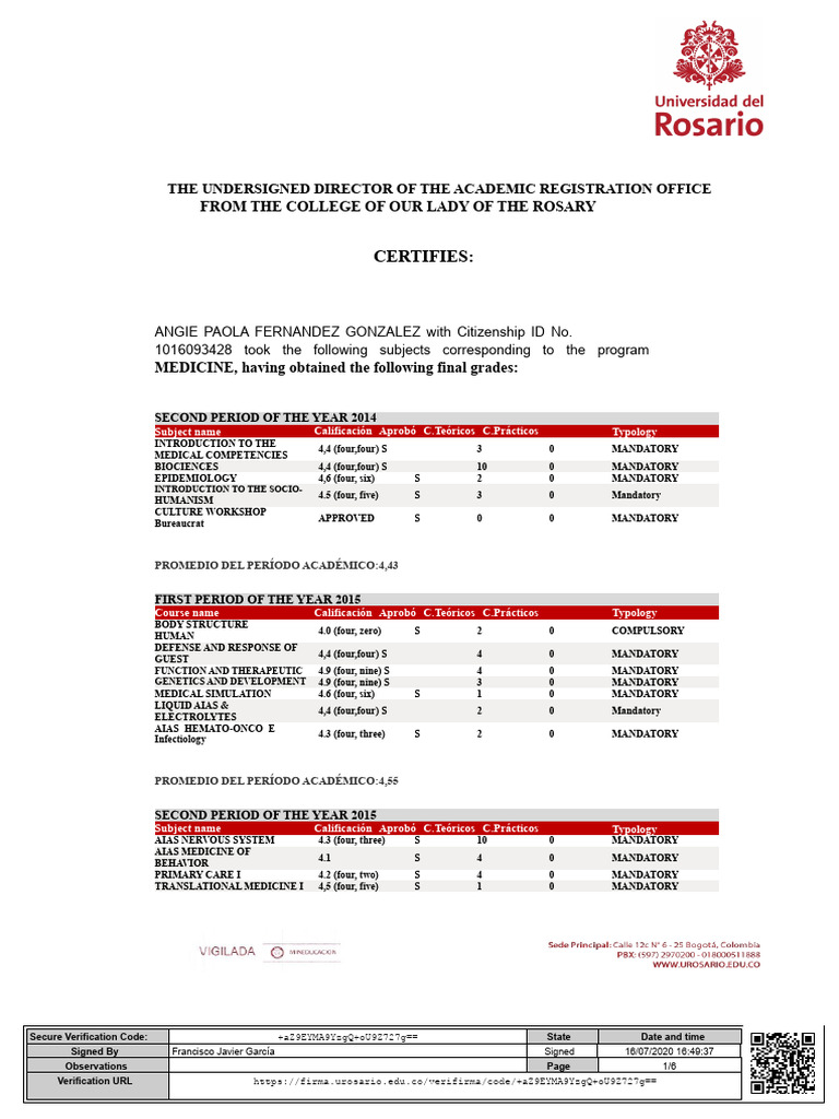 Annex 1.) Certificate of Grades From The Medicine Degree | PDF ...