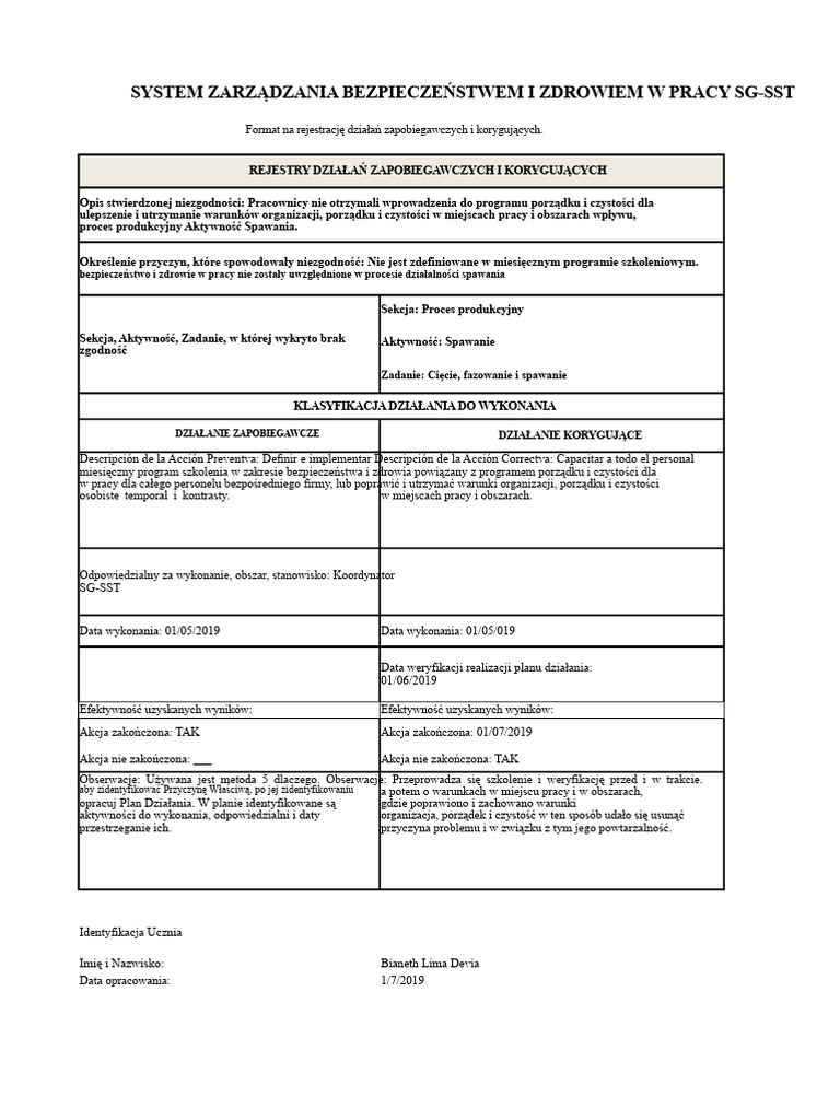 Rejestr Działań Zapobiegawczych I Korygujących | PDF