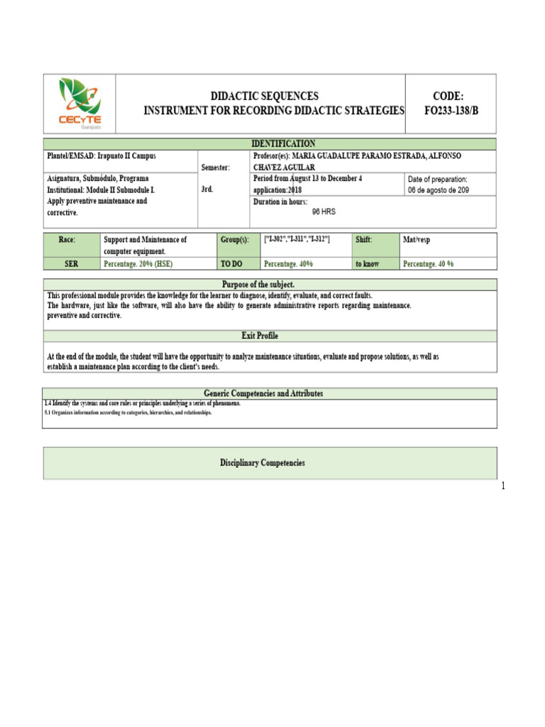 Didactic Sequence Preventive Maintenance 3rd Semester A-D 2019 | PDF ...