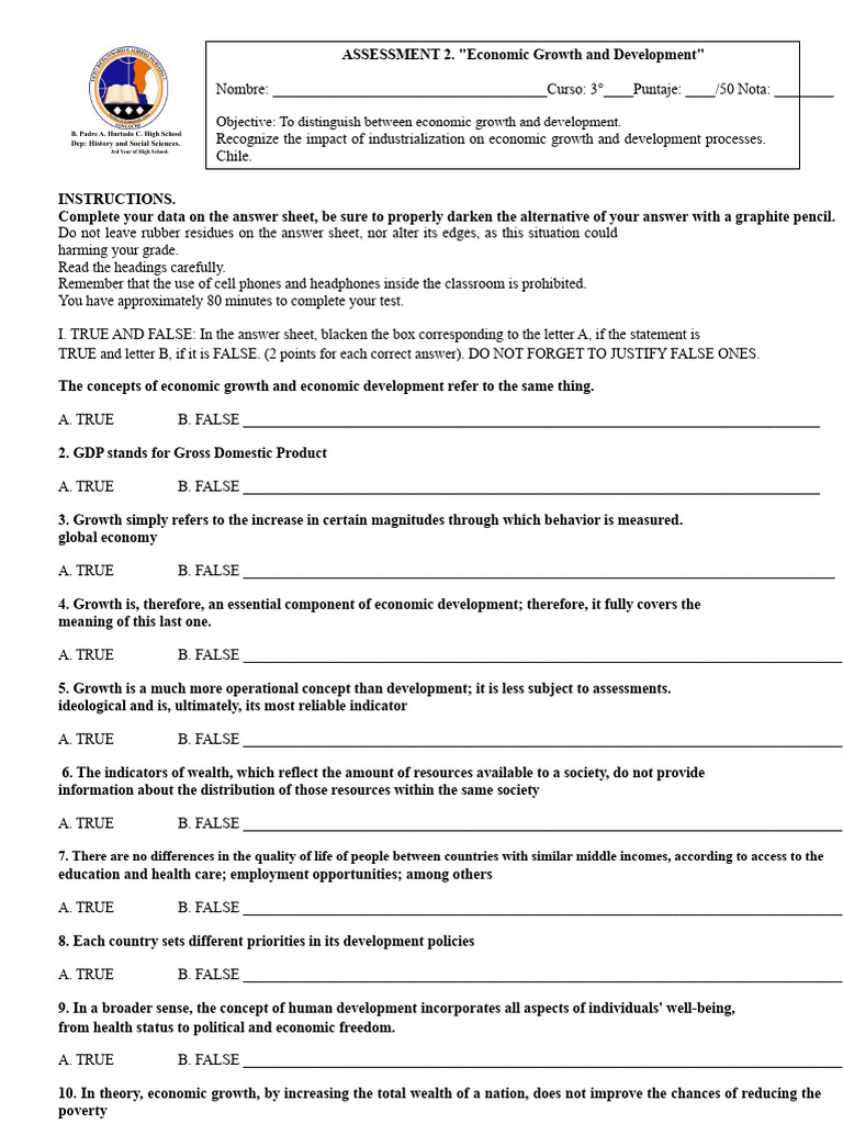 Test 3rd Year High School Unit 2 Economic Growth and Development | PDF ...