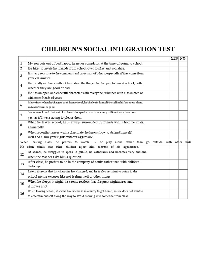 Children's Social Integration Assessment | PDF