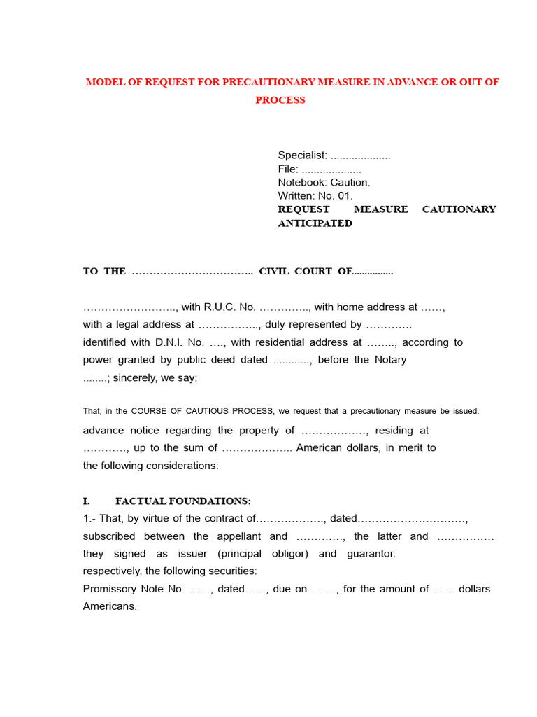 Model of Request For Precautionary Measure in Advance or Out of Process ...