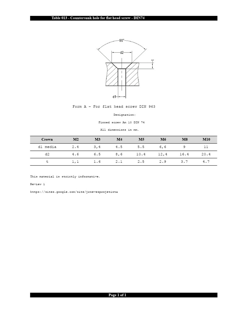 Table 013 - Countersunk Hole For Flat Head Screw - DIN74 | PDF