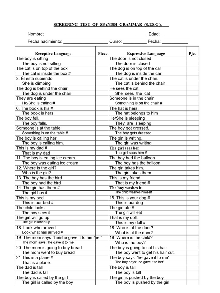 Spanish Grammar Screening Test | PDF | Linguistics | Grammar