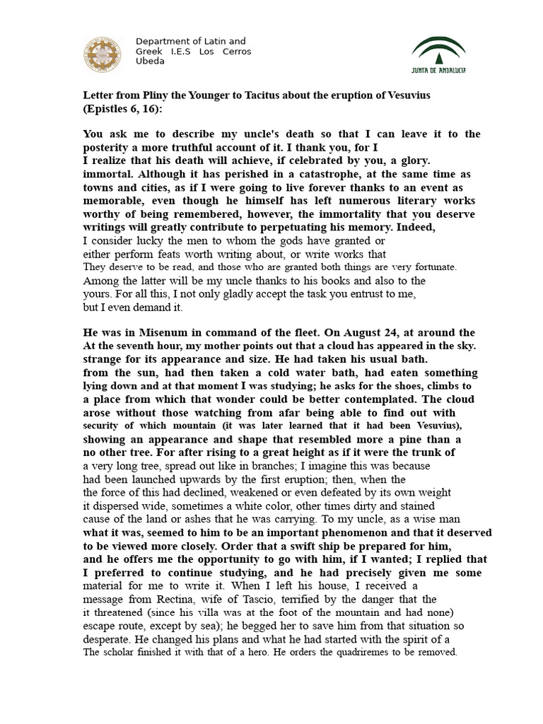 Letter From Pliny The Younger To Tacitus About The Eruption of Vesuvius ...