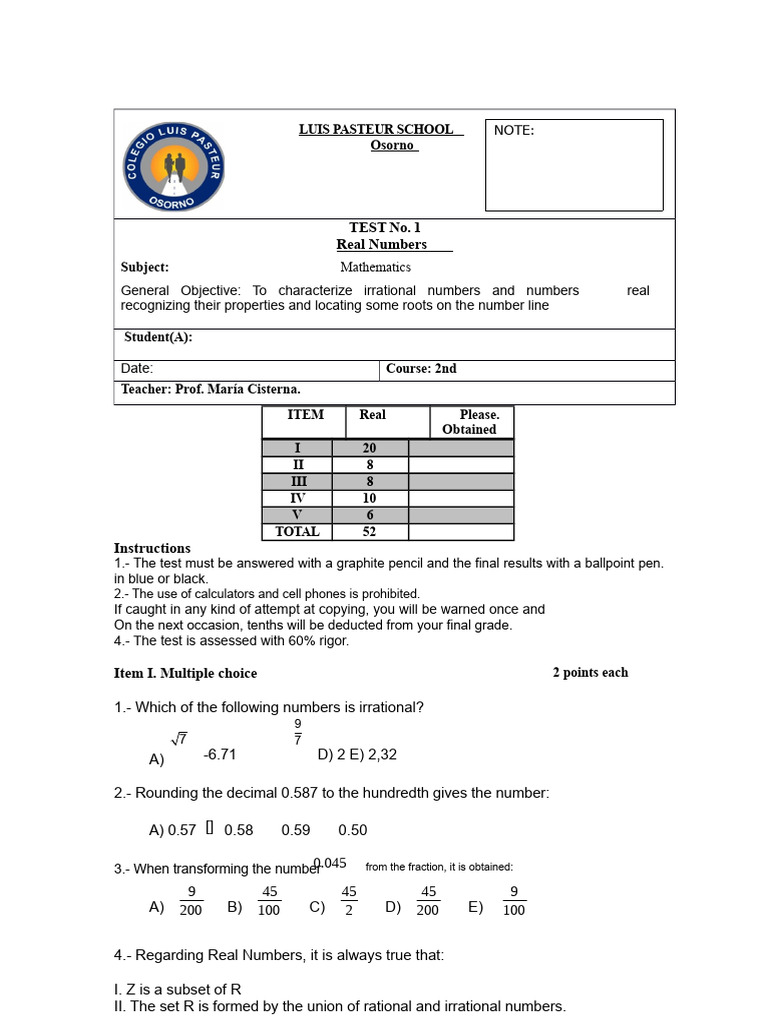 Real Numbers Test | PDF | Numbers | Multiple Choice