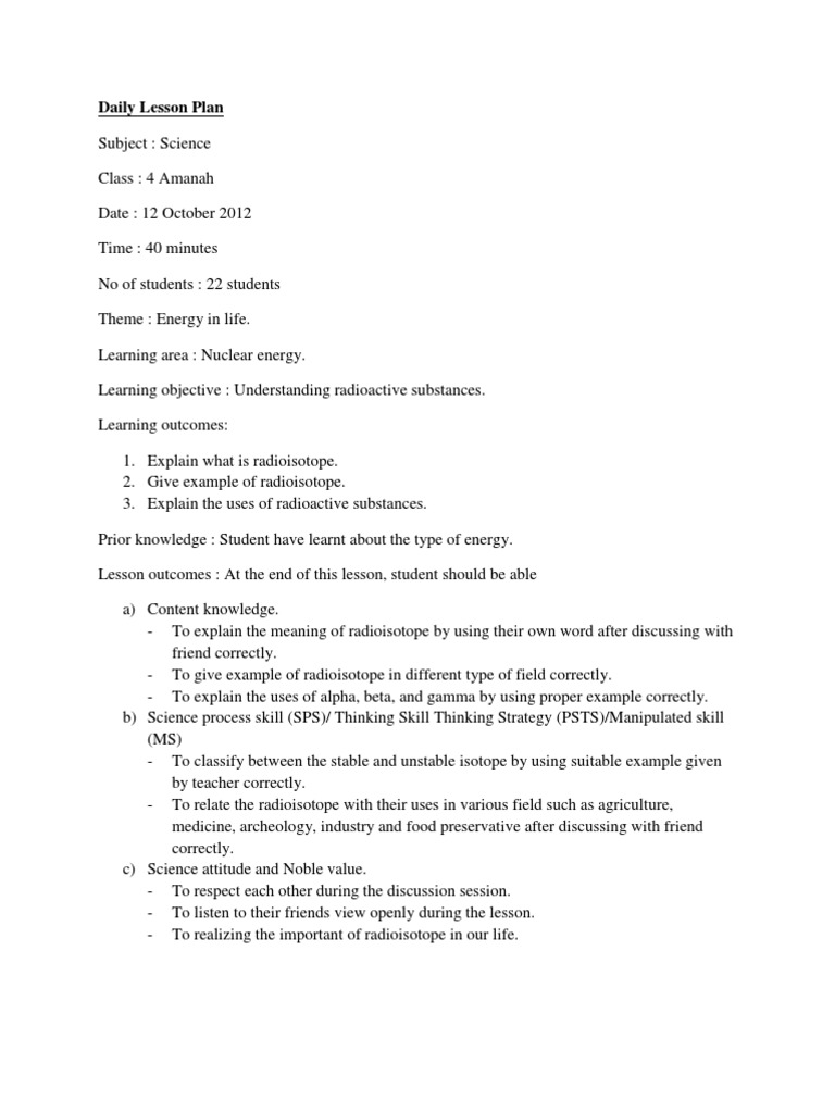 Daily Lesson Plan | PDF | Radioactive Decay | Isotope