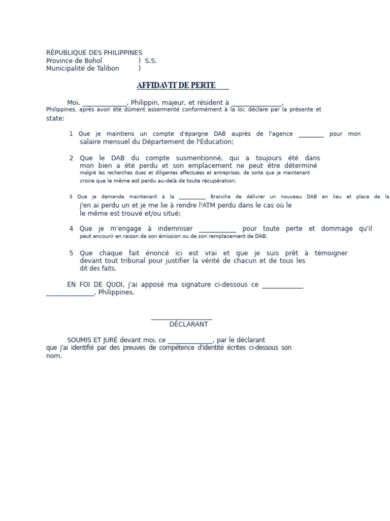 Affidavit de perte - ATM DBP | PDF
