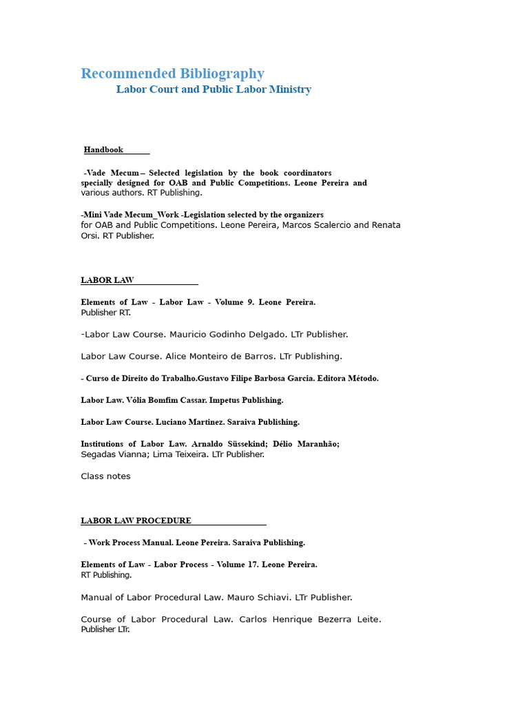 Recommended Bibliography - Labor Judiciary and Public Ministry of Labor ...