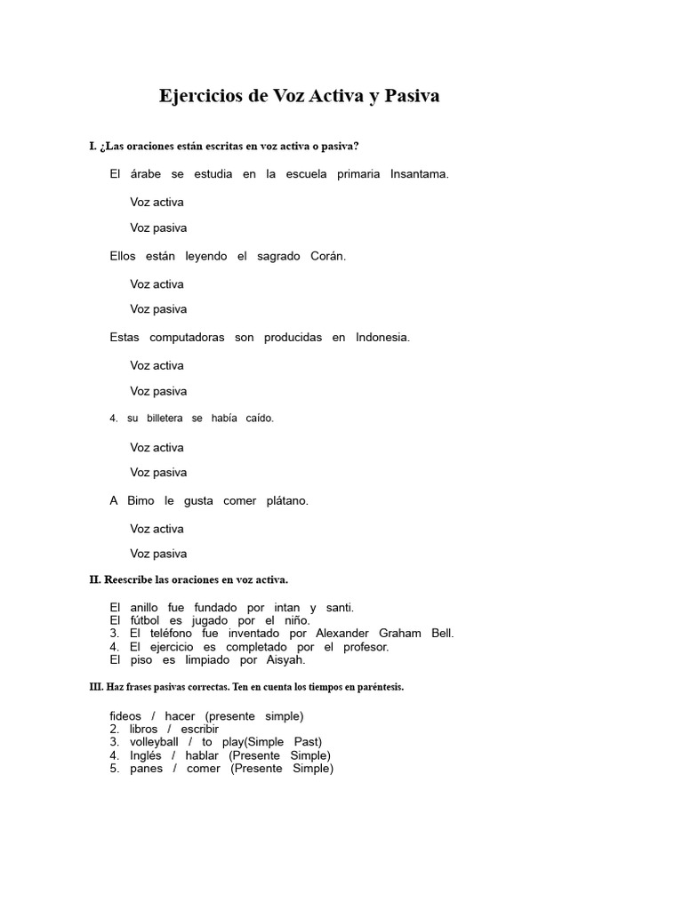 Ejercicios de Voz Activa y Pasiva | PDF