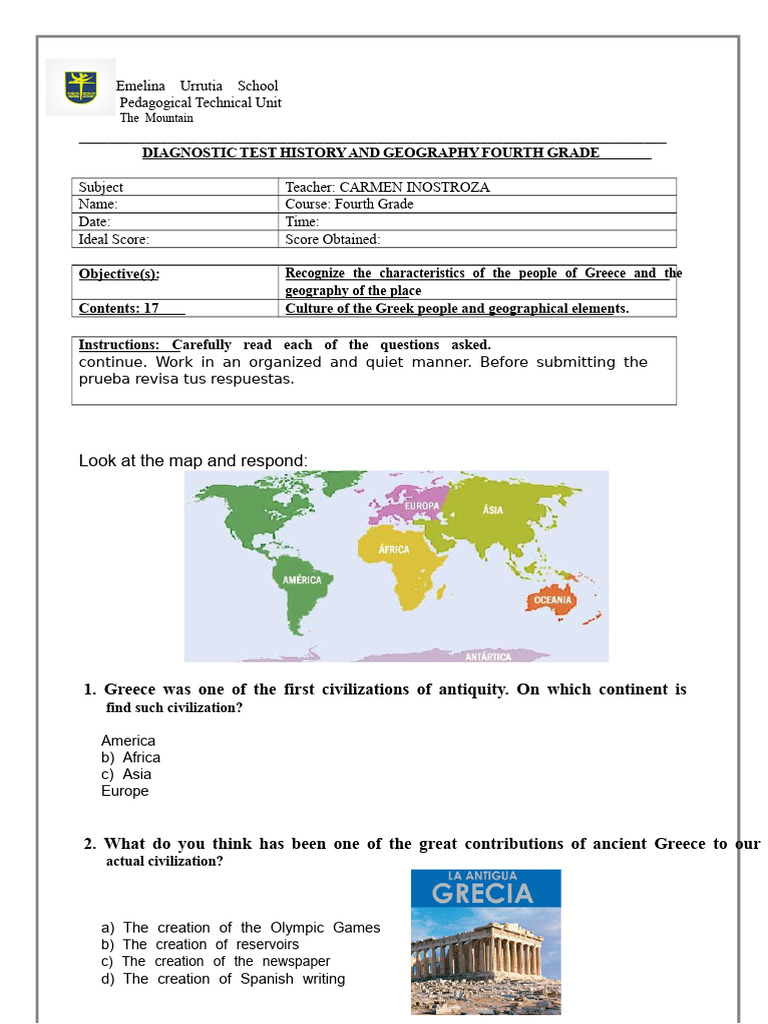 Diagnostic Test Fourth Grade History | PDF | Temperate Climate | Equator