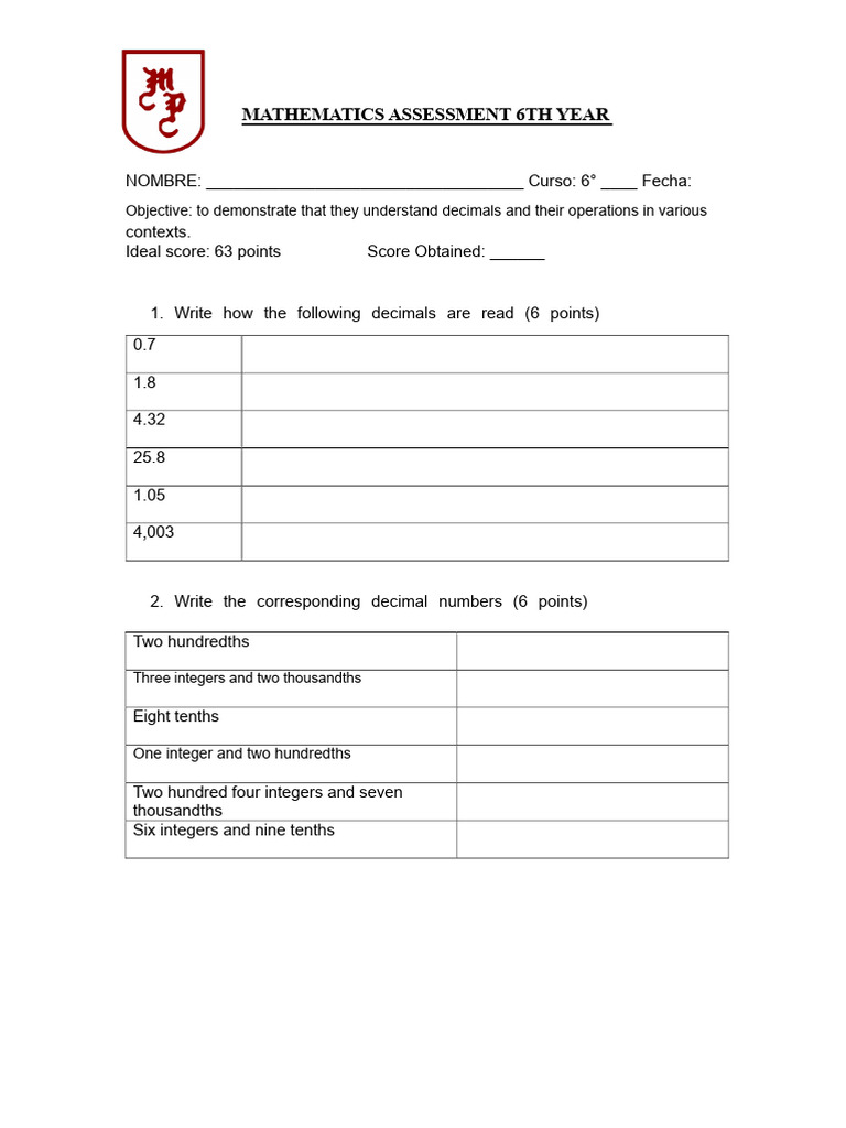 6th Year Mathematics Assessment: Decimals | PDF | Decimal | Multiplication