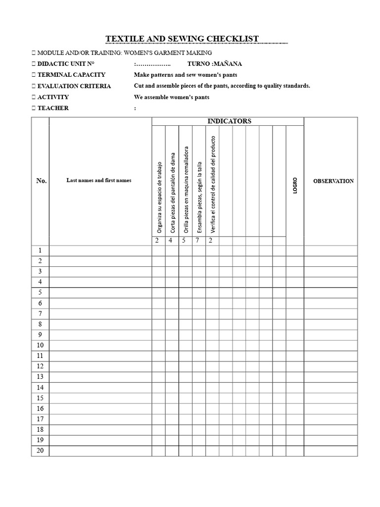 Women's Garment Sewing Checklist | PDF