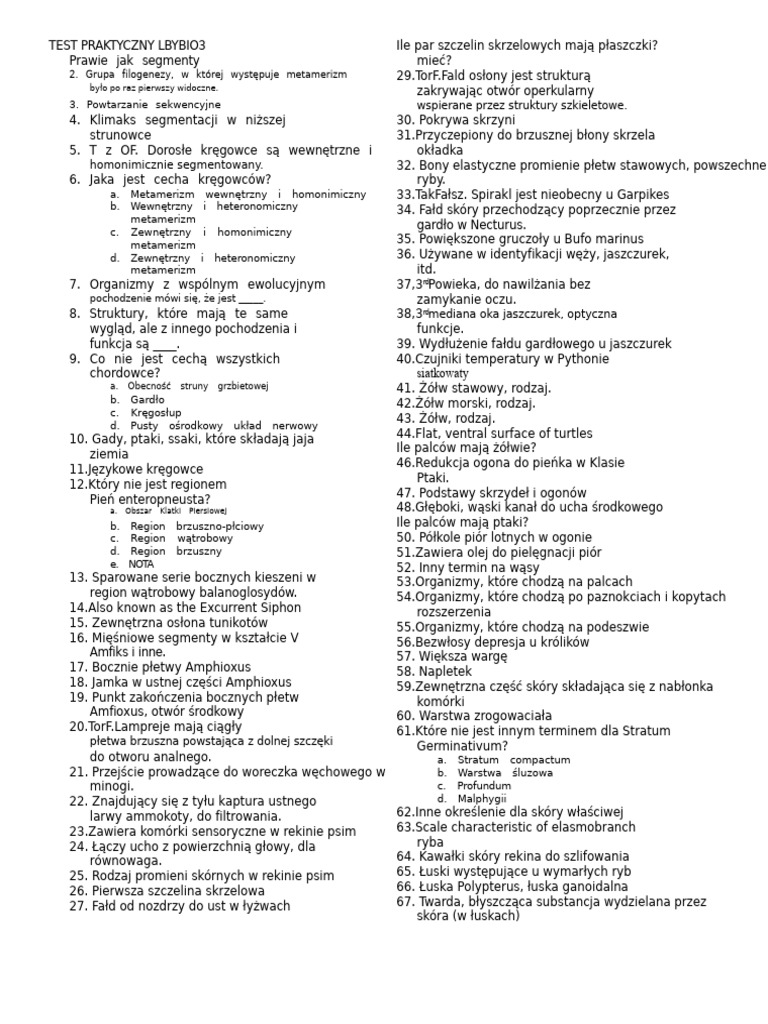 Test Praktyczny Z Anatomii Porównawczej | PDF
