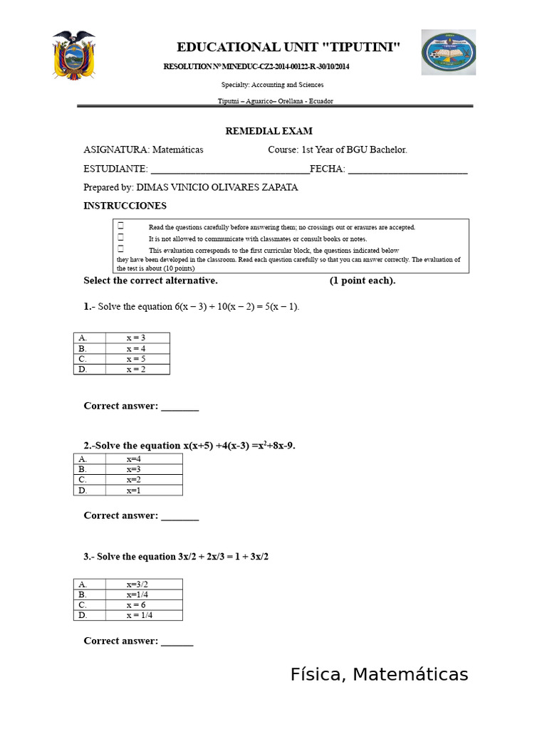 Remedial Exam for First Year BGU | PDF | Equations | Mathematical Analysis
