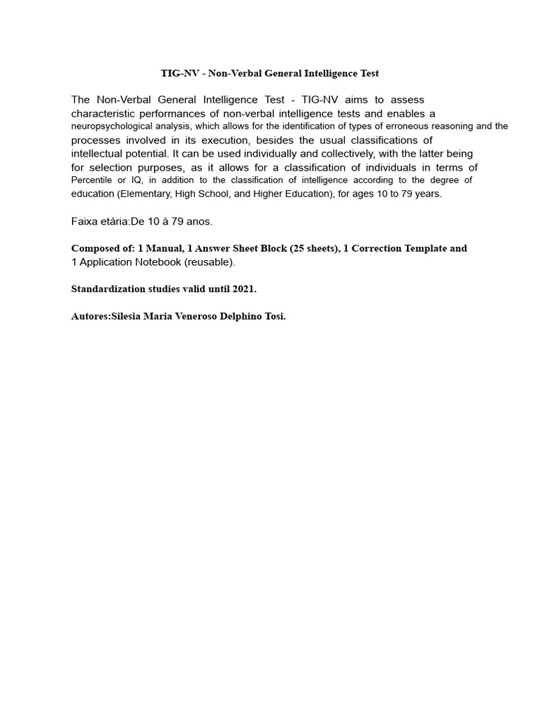 TIG-NV - Non-Verbal General Intelligence Test | PDF