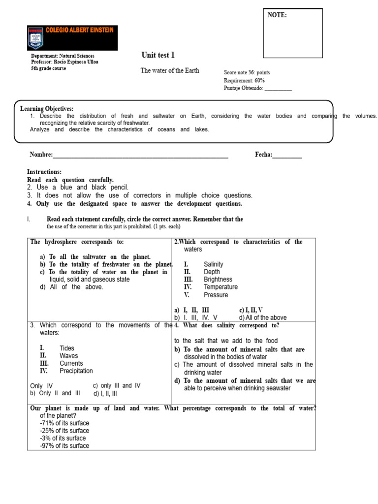 Test The Water of The Earth Fifth Grade | PDF | Water | Water Cycle