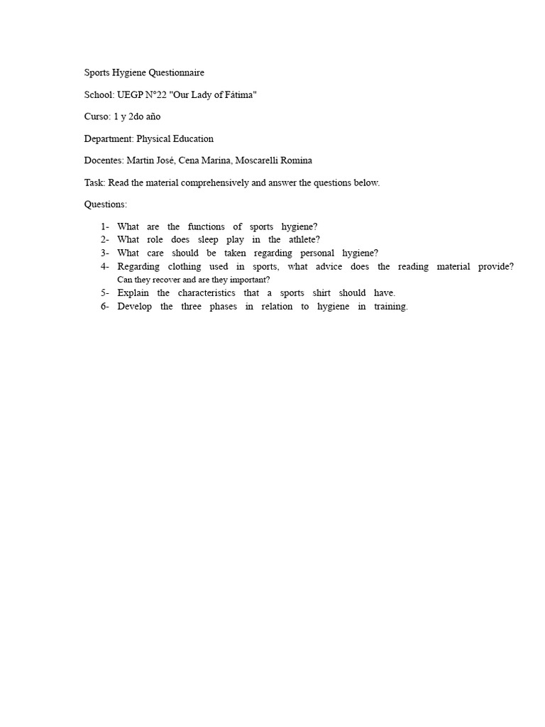 Sports Hygiene Questionnaire PDF | PDF