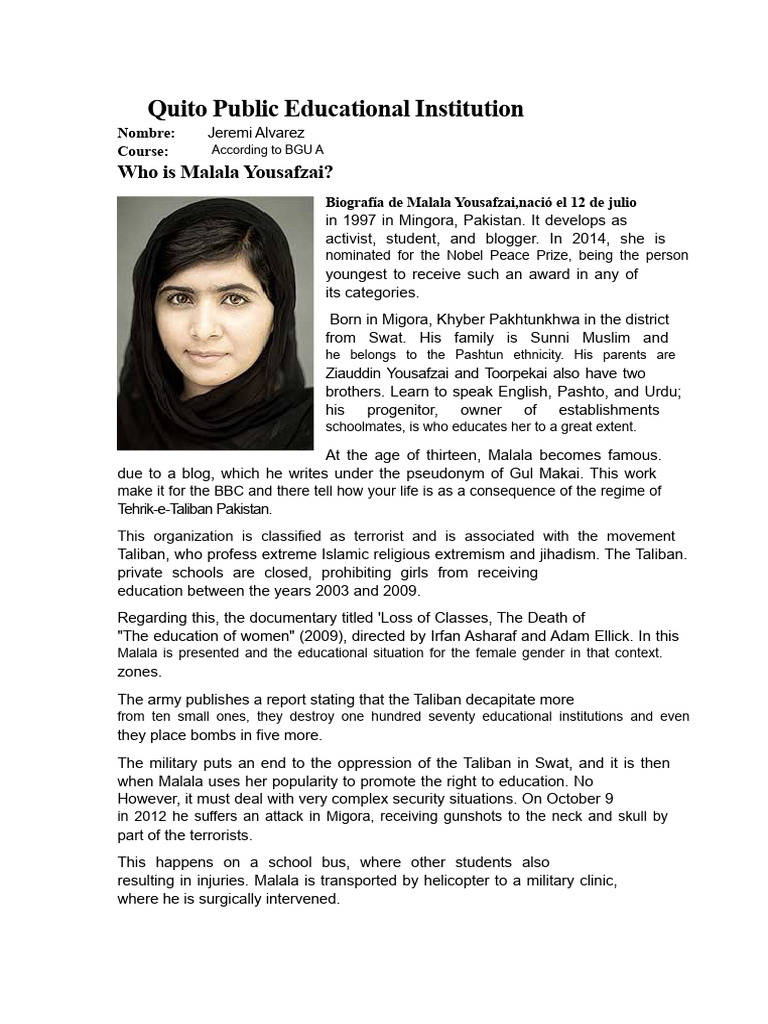 Biography of Malala | PDF | Malala Yousafzai
