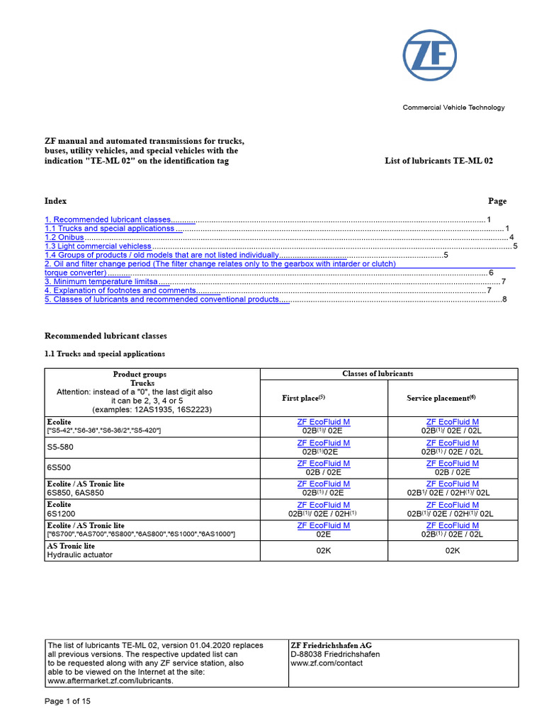 ZF - Lubricants - Te ML 02 en | PDF | Motor Oil | Manual Transmission