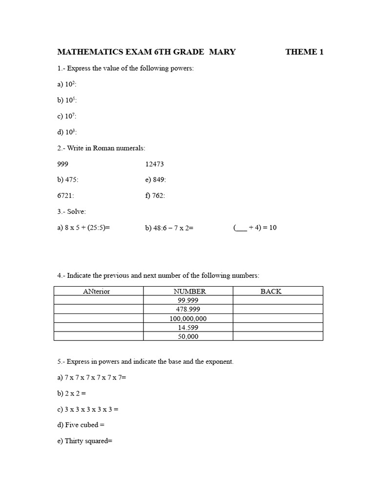 Mathematics Exam 6TH Grade Primary Topic 1 | PDF
