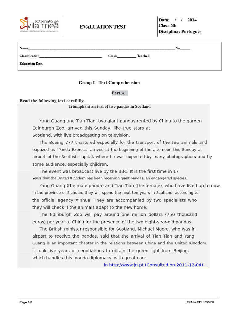 1st News Test and Expository Text - 6th Grade | PDF | Giant Panda