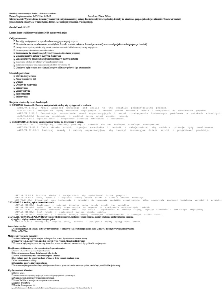 Plan Lekcji Rysunku Art. 1 | PDF