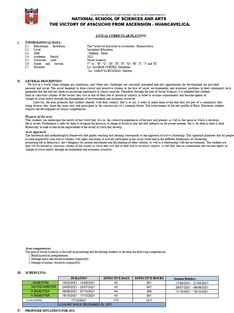 Annual Plan Social Sciences 5th Grade | PDF | Teachers | Sustainability