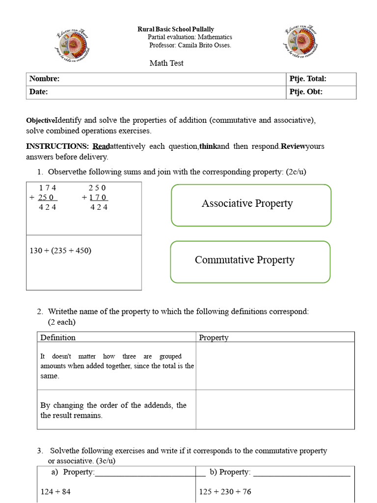 Math Test Properties of Addition | PDF
