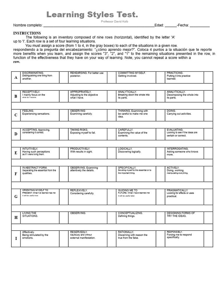Kolb Test - Learning Styles PDF | PDF | Reason | Learning Styles