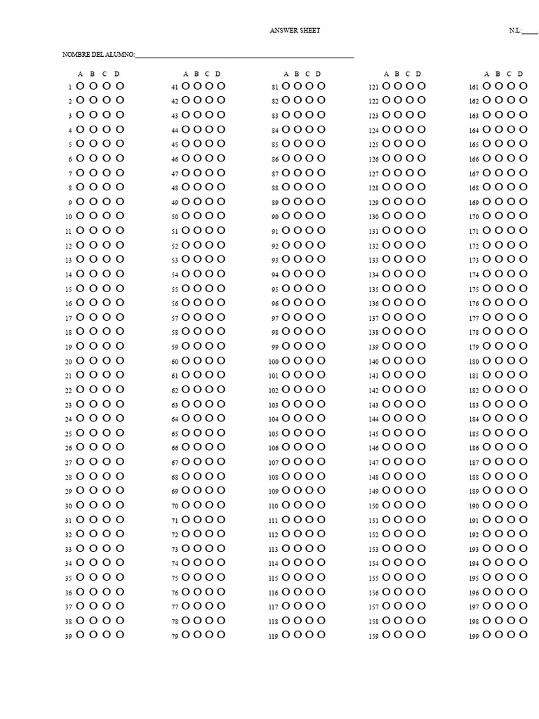 Answer Sheet For 200 Questions | PDF