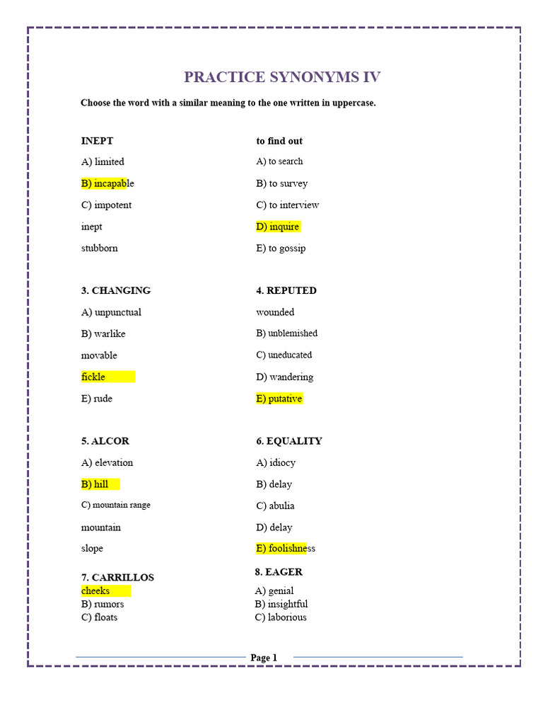 Synonym Practice Exercises IV | PDF