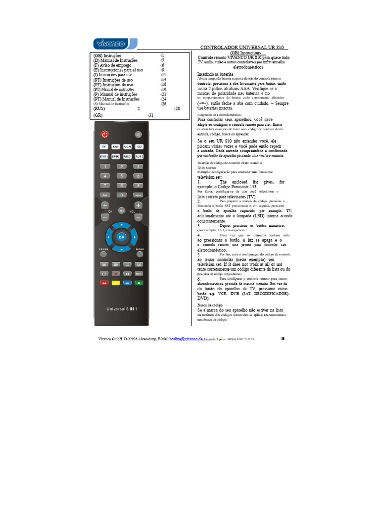 Manual e Códigos UR 810 PDF | PDF | Controle remoto | Diodo emissor de luz