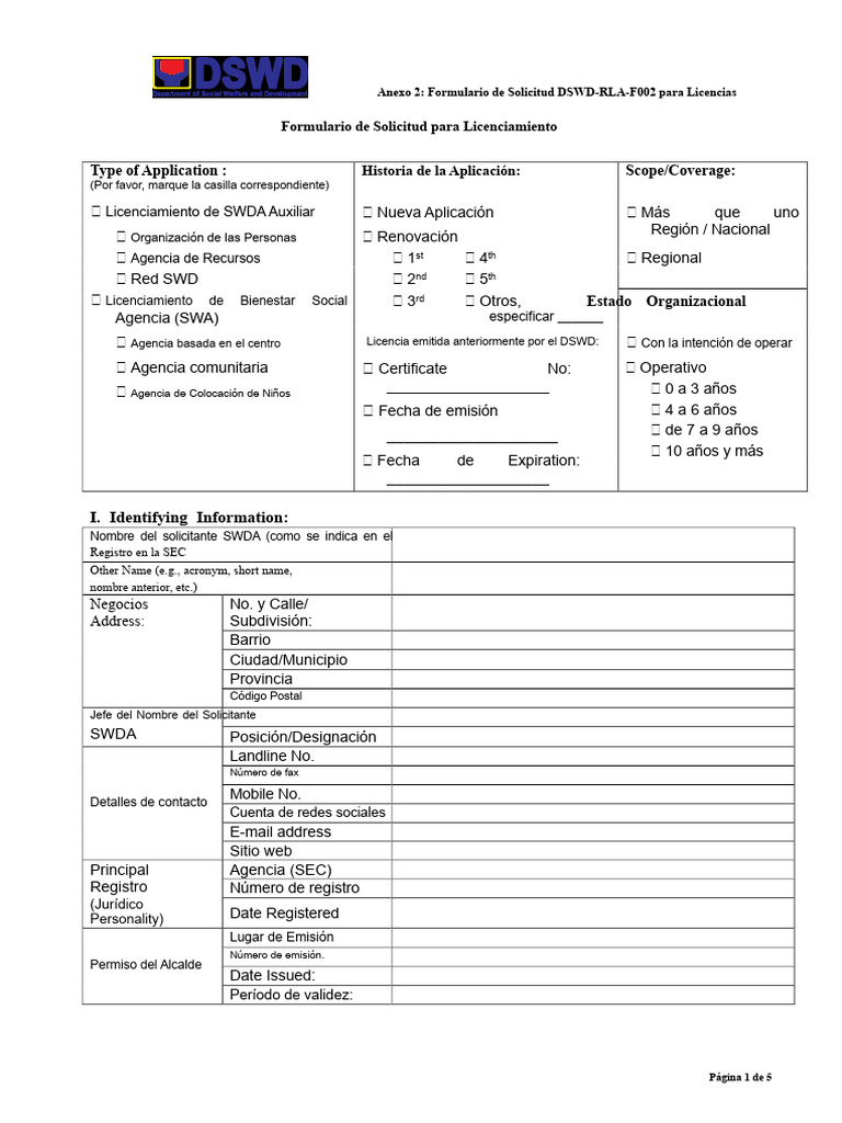 Anexo 2. DSWD-RLA-F002 Formulario de Solicitud de Licencia (041719) | PDF | Politica social ...