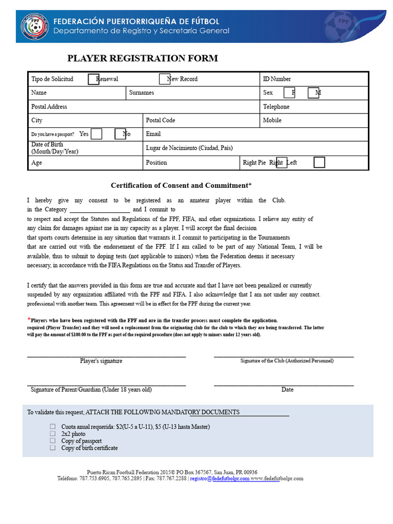 Player Registration Form: Certification of Consent and Commitment | PDF ...