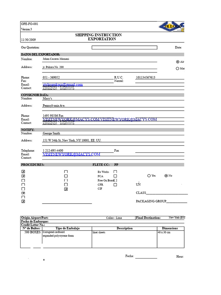 Export Shipping Instructions Document | PDF | Cargo | Freight Transport