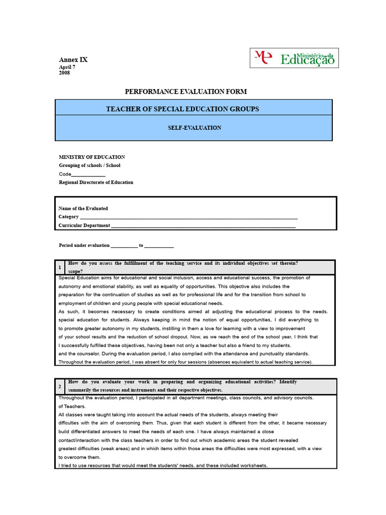 Special Education Teacher Self-Evaluation Form | PDF | Special ...
