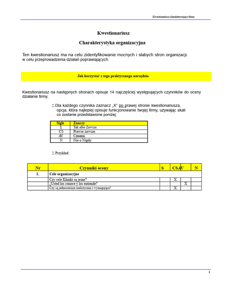 Kwestionariusz Charakterystyki Organizacyjnej | PDF