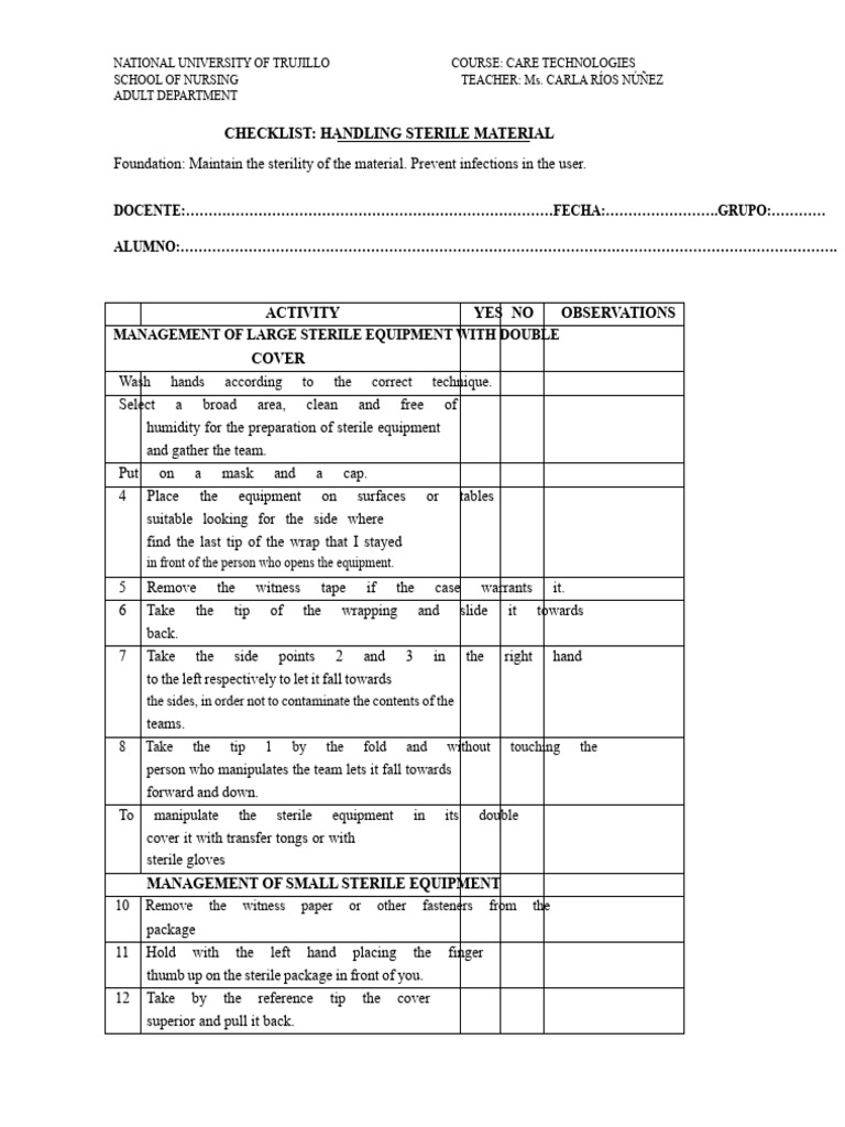 Checklist For Sterile Material Handling PDF | PDF