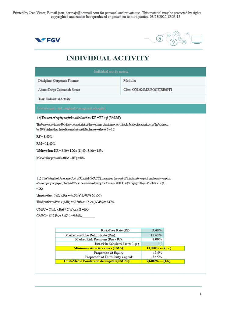Individual Activity Corporate Finance FGV | PDF | Internal Rate Of ...