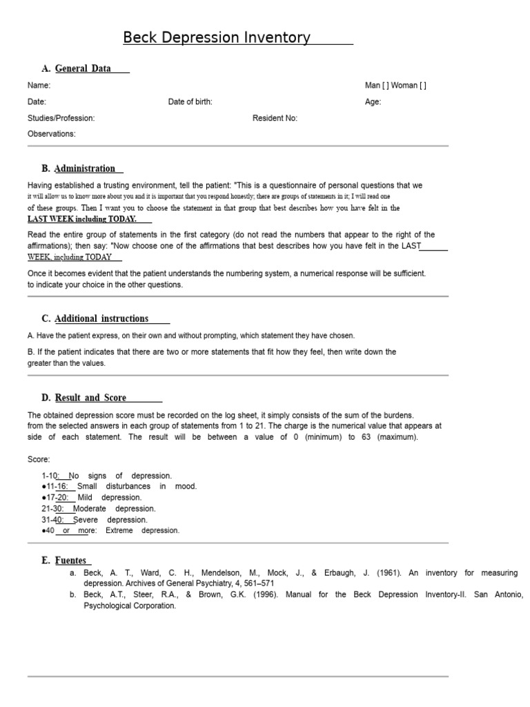 2 - Beck Depression Inventory | PDF | Major Depressive Disorder ...
