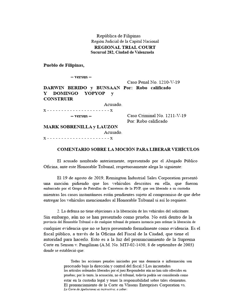 Comentario Sobre La Moción para Liberar El Vehículo Berido | PDF ...