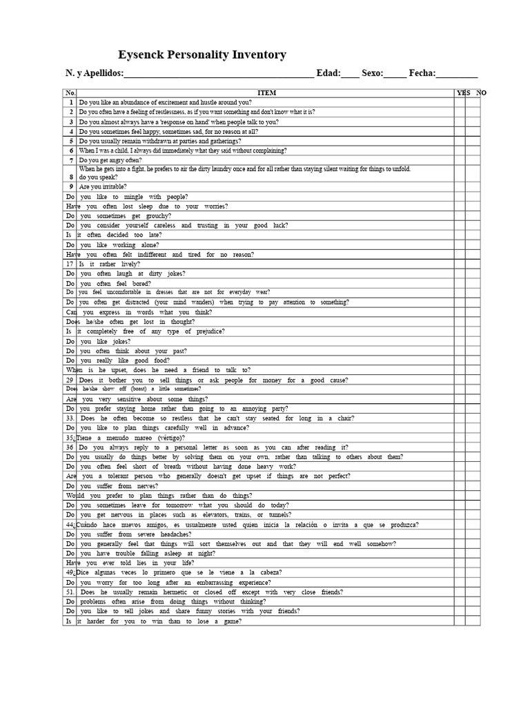 Eysenck Personality Inventory for Adults | PDF | Extraversion And ...