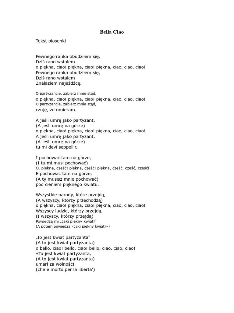 BELLA CIAO Tekst | PDF