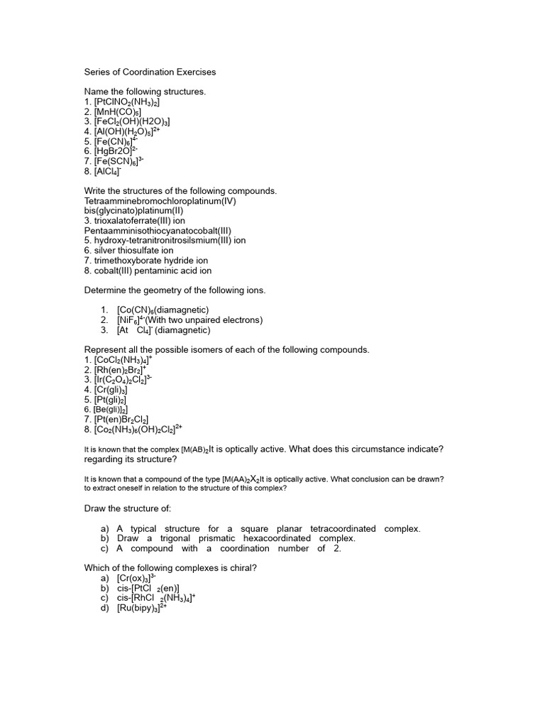 Coordination Complexes Exercise Pdf