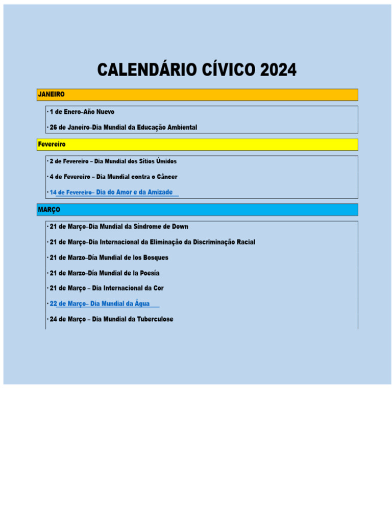 Calendário Cívico 2024: Datas Importantes | PDF | Direitos Humanos